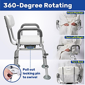 360° Swivel Shower Chair with Back and Arms,Rotating Swivel Bath Chair Handicap Shower Chair with Cold-Proof Pads, Support 340lbs,Tools-Free Assemble,Swivel Shower Chair for Inside Shower