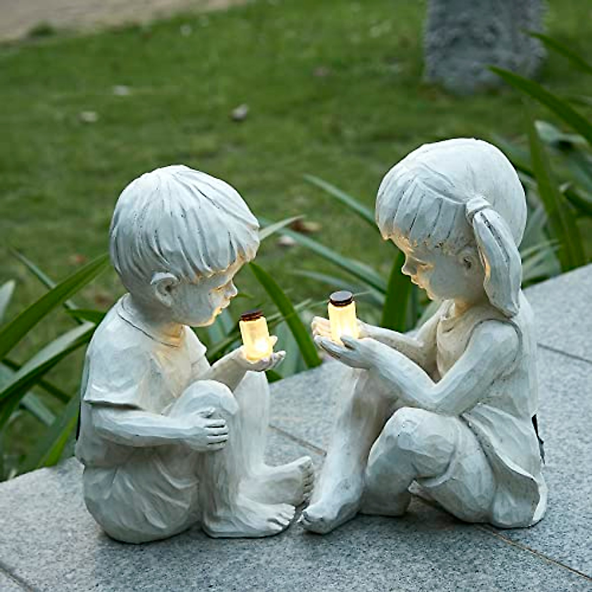 Large Garden Children Statues Light Up Firefly Jar Solar Powered | Set of 2 Figurines | Girl & Boy Garden Yard Art Décor, Indoor & Outdoor Ornament Gifts for Lawn, Patio, 7.5" W x11.8”H Cream…