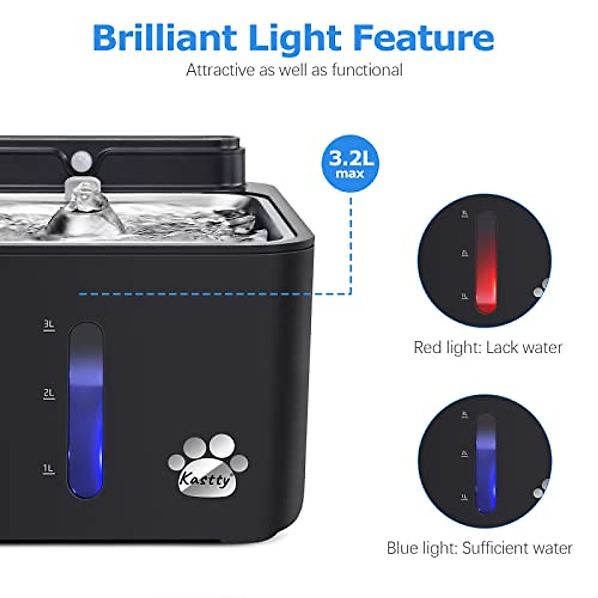 Wireless & Rechargeable Battery Operated Cat Water Fountain, Kastty 108oz/3.2L Larger Quiet Sensor Auto Cat Fountain with Smart 3 Flow Mode+Foodgrade 304 Stainless Steel Dish for Pet Inside or Outdoor