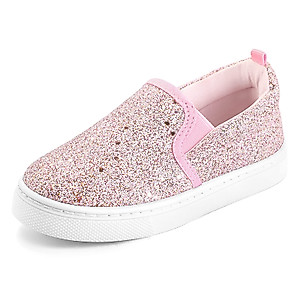 K KomForme Toddler Sneakers for Girls Boys Slip On Canvas Walking Shoes, Size 2 Big Kid, Pink Glitter