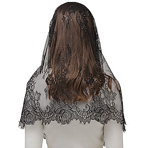PAMOR Spanish Style Lace Traditional Vintage Inspired Infinity Shape Mantilla Veil Latin Mass Head Covering (Black)