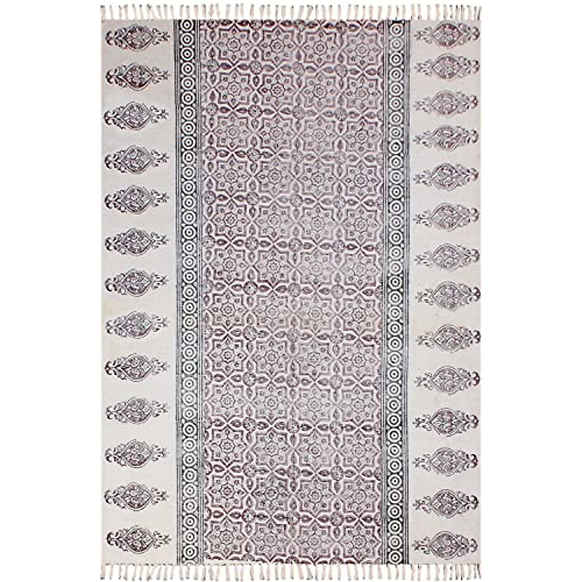 Casavani Hand Block Printed Cotton Dhurrie Geometric Brown & Black Tassel Rug Easy Care Washable Rugs for Doormat Entryway Living Room Bedroom Hallway Balcony 9x9 Feet Square