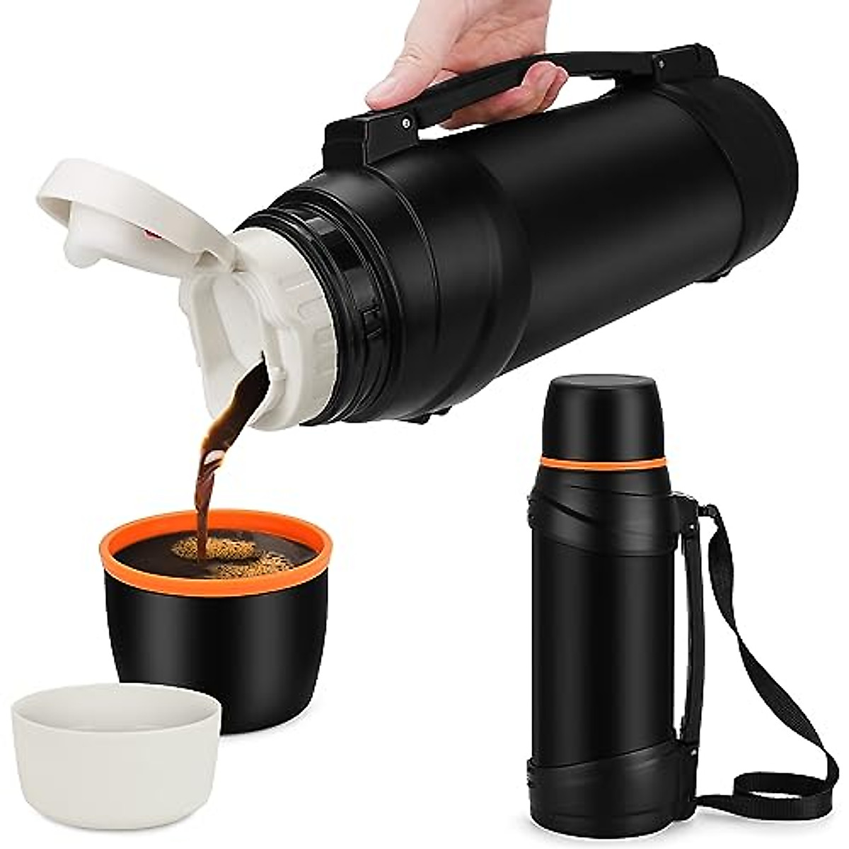 Beyoung 2000ML Large Coffee Thermoses for Cold & Hot, Portable 304 Stainless Steel Classic Vacuum Bottle with Plastic Cup and Hidden Strap for Sports Hiking Fishing (Black)