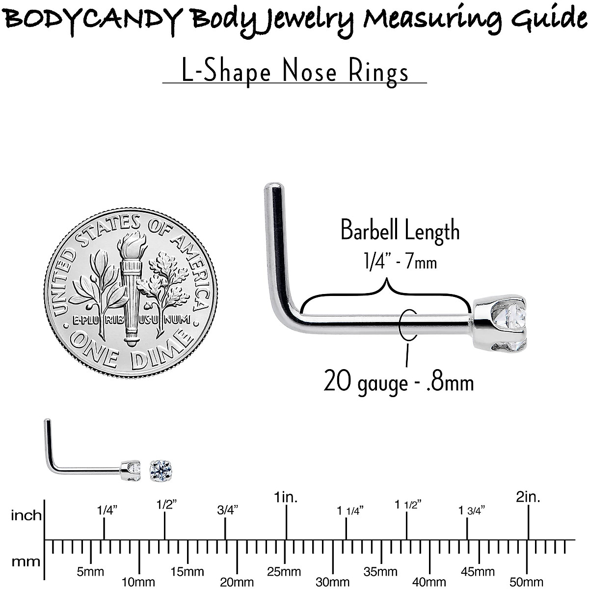 Body Candy Solid 14k White Gold 2mm Clear Cubic Zirconia L Shaped Nose Stud Ring 20 Gauge 1/4"