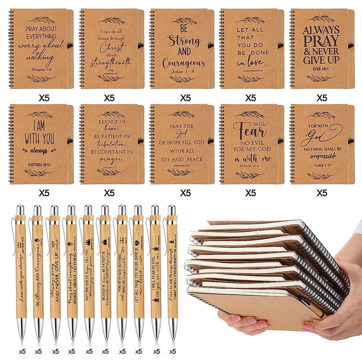 Kosiz 100 Pcs/ 50 Set Easter Christian Gift Bulk A5 Spiral Notebook Scripture Prayer Journal Bible Verse Ballpoint Pen Mothers Day Religious Party Gift Notepad for Women Men Church Sunday School (Brown)