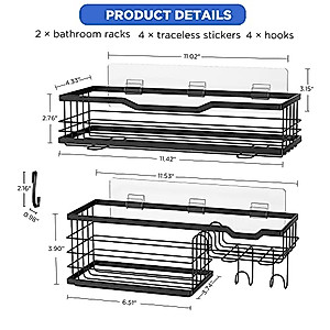 HBlife Shower Caddy 2 Pack Bathroom Shower Organizer, Adhesive Shower Caddy with 4 Hooks and Soap Dish, No Drilling Stainless Steel Shower Shelves for Inside Shower, Shampoo Holder for Shower Wall
