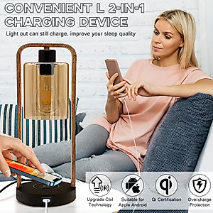 Wireless Charging Touch Lamps for Nightstand Set of 2 - Industrial Table Lamps for Bedrooms 3-Way Dimmable Bedside Lamps with USB, Wood Grain Desk Lamps with Amber Glass Shade for Home, Bulbs Included