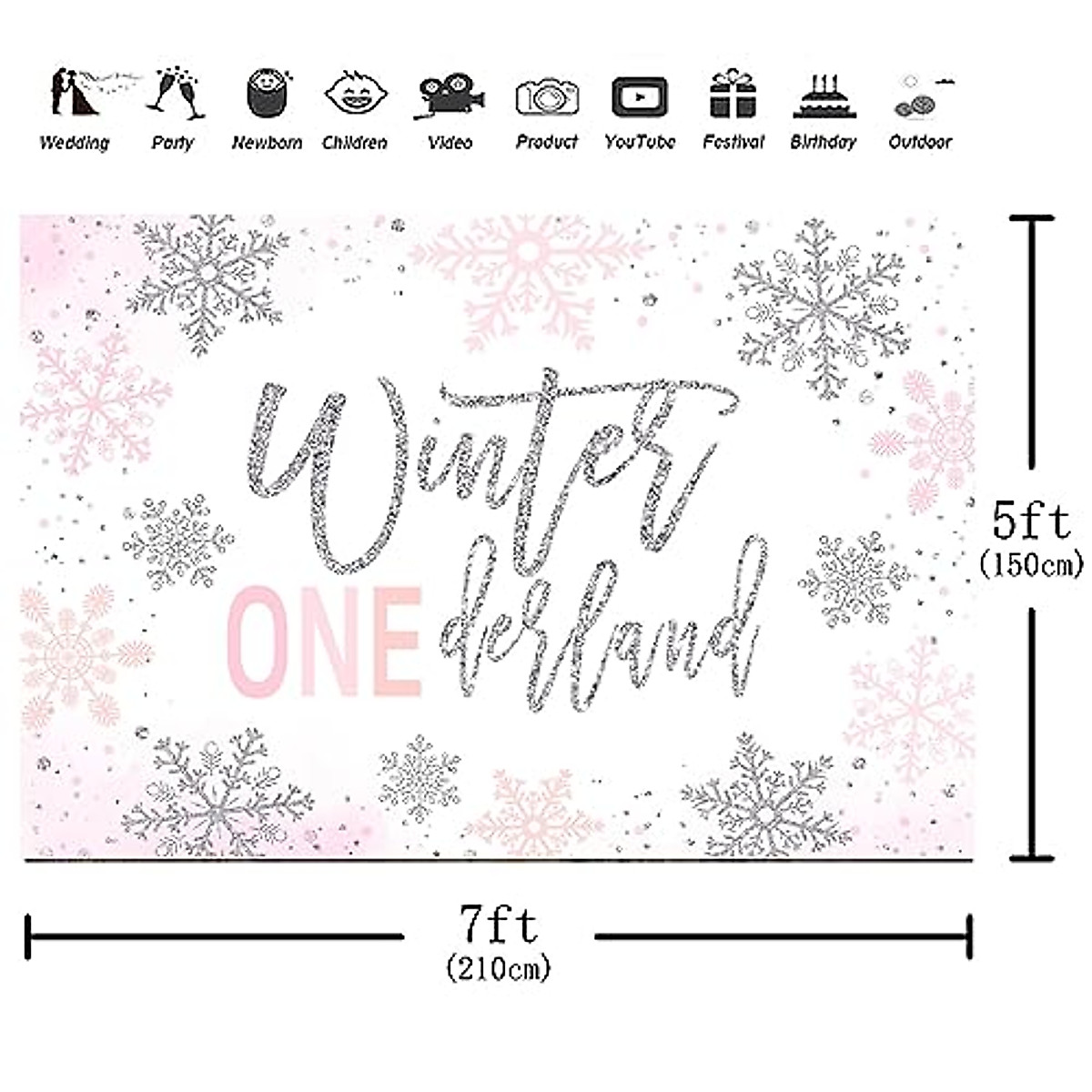 Aperturee 7x5ft Winter Onederland Backdrop 1st Christmas Birthday Snowflake Background Photography Newborn Baby Girl's First Bday Pink Silver Party Decoration Photo Booth Candy Table Decor Banner