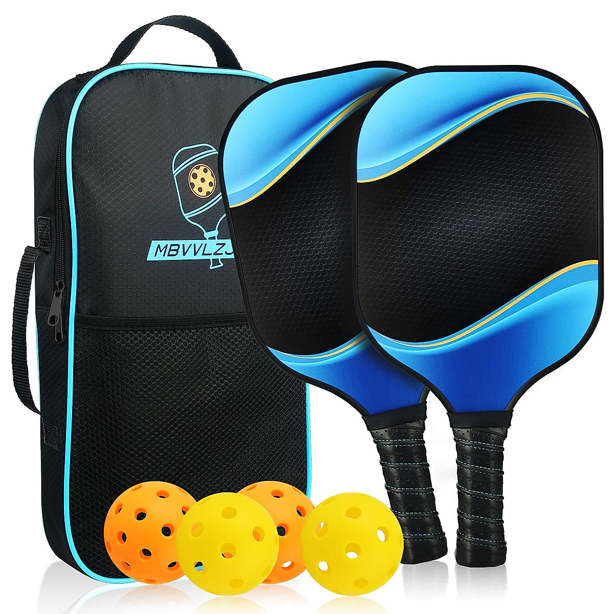 MBVVLZJVN Pickleball Paddle Set of 2 Graphite Rackets Honeycomb Composite Core with Carbon Fiber Surface 4 Lightweight Pickleballs & Portable Carry Bag Case for Indoor/Outdoor