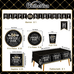 50th Birthday Party Supplies Paper Plates Napkins Cups Tablecloth Banner for Men Black and Gold 50th Birthday Decorations Serve 25