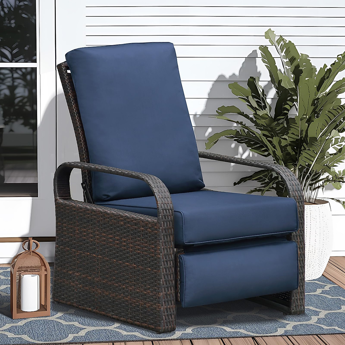 Skypatio Oversized Indoor & Outdoor Wicker Recliner, Adjustable All-Weather Wicker Patio Reclining Chair, Aluminum Patio Rattan Armchair with Thick Cushion