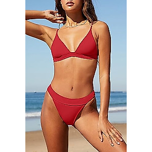 Red High Waisted Bikini Sets for Women Sexy V Neck Triangle Bikini Top Cheeky High Cut Thong Bikini Bottom S