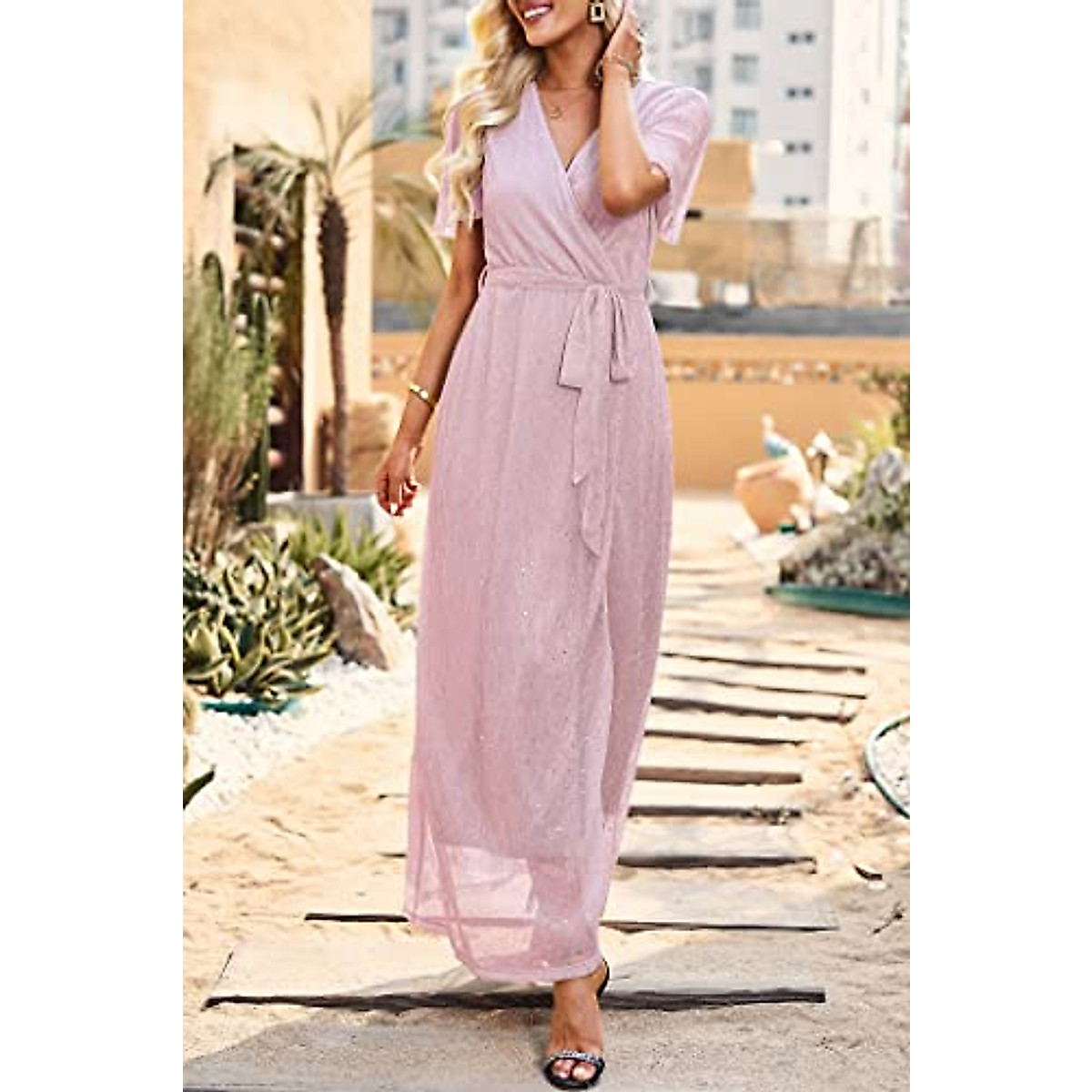 PRETTYGARDEN Women's Summer Maxi Glitter Dress Wrap V Neck Ruffle Sleeve Cocktail Party Long Dresses with Slit (Pink,X-Large)