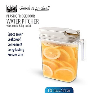 Large Pour Airtight plastic drink Pitcher jar with Locking Spout lid and Handle. Water Coffee, lemonade, iced Tea & juice 61oz/1.8 liter. Detachable Top. Slim design. Safer than glass. Jarra