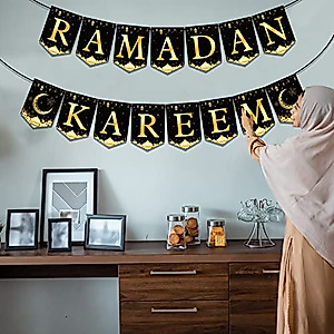 Ramadan Mubarak Banner Party Decorations Black Gold Moon Lantern Hanging Bunting Ramadan Kareem Hanging Banner Party Supply for Home Wall Window Door Fireplace Mantle Ramadan EID Party Favor