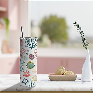 Tumbler with Lid and Straw Cartoon Water Plants and Fish thermos coffee travel mugcute cups 20 oz insulated tumbler for Daily Holiday Decor Gift coffee cup
