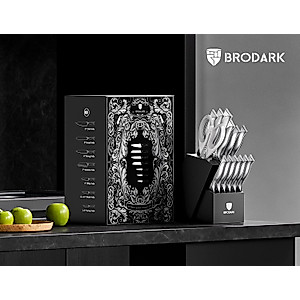 BRODARK Kitchen Knife Set with Block, 15-Piece Knife Block Set with Built-in Sharpener, Dishwasher Safe Knives Set for Kitchen, NSF Certified Stainless Steel Kitchen Knives, Shark Series