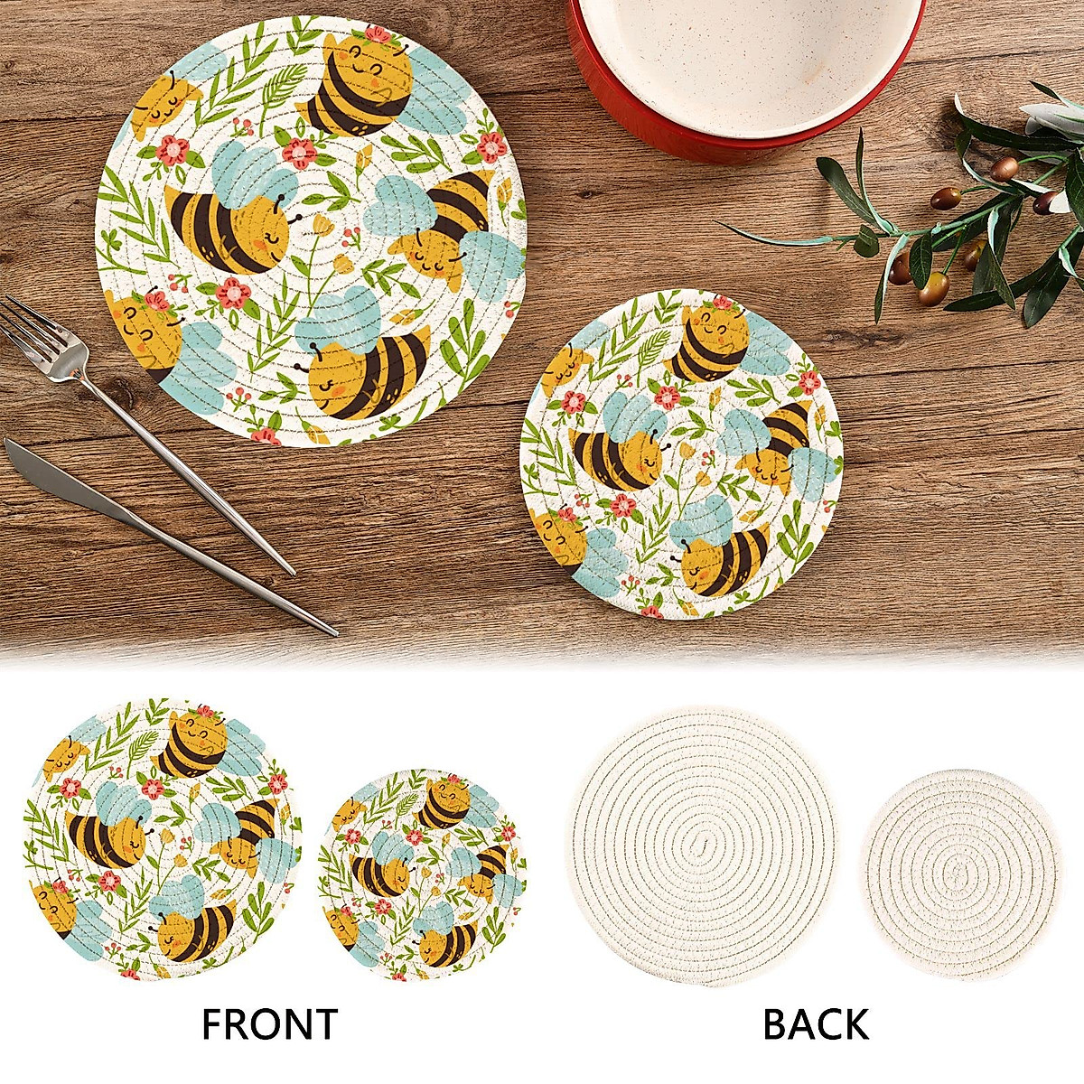 Summer Flowers Honey Bee Kitchen Trivet Mat 2Pcs Cartoon Bumble Bee Insects Pot Holders Cotton Woven Trivets Round Hot Pads Coasters for Cooking and Baking House Dinner
