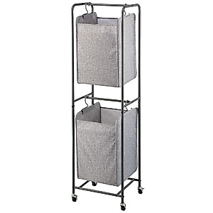 mDesign Vertical Stacked Laundry Hamper Basket with Wheels, Portable, 2 Removable Bags for Organizing Clothes, Laundry, Lights, Darks - Strong Metal Frame - Dark Gray