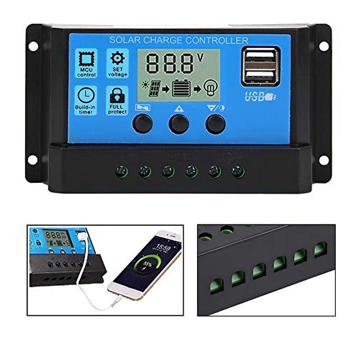 Solar Charge Controller 40A Automatic PWM LCD Solar Charging Regulator PV System Connection with Dual USB Output