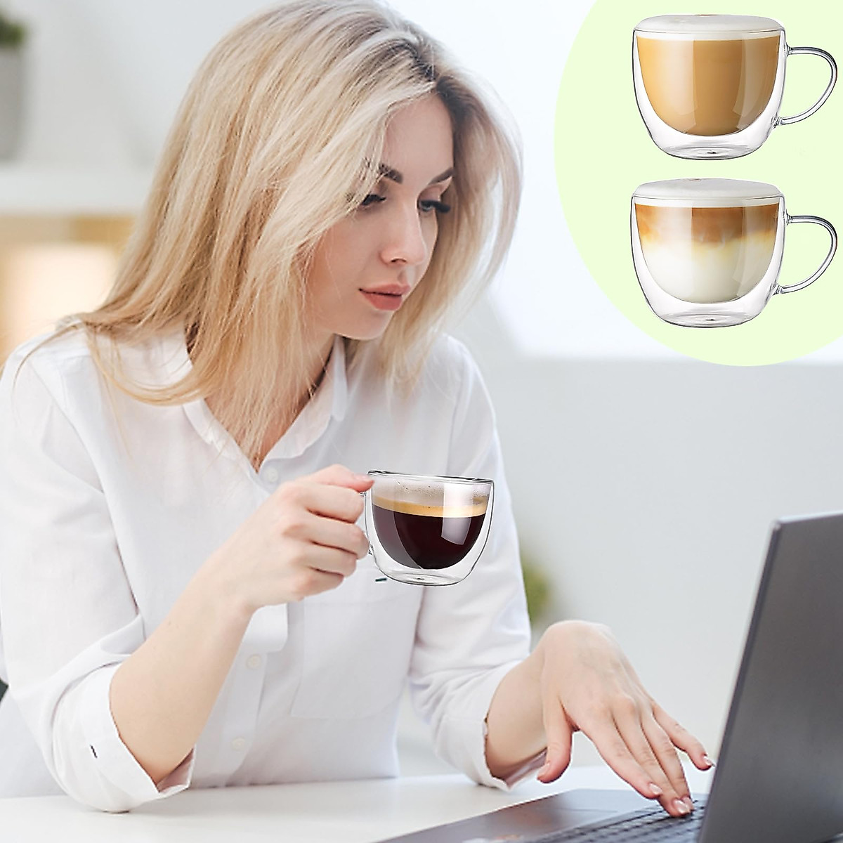 Double Walled Glass Coffee Mugs Set of 2, 8 oz Hand Blown Insulated Coffee Mugs with Handle, Clear Coffee Mugs for Cappuccino, Latte, Americano, Tea Bag, Beverage Glasses Heat Resistant Coffee Cups