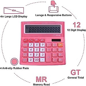 Office Desk Calculator 12 Digits with Solar Power and Easy to Read HD LCD Display, Big Buttons, for Financial Affairs,Home, Office, School, Class and Business,with Battery，Pink