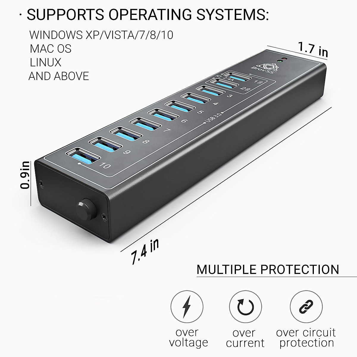 BrovSS: 10 Port Powered USB 3.0 Hub Aluminum with 4 IQ Ports - USB 3 Splitter with 12V 3A 36W Power Adapter. Connect up to 10 Electronics and USB peripherals (Black)