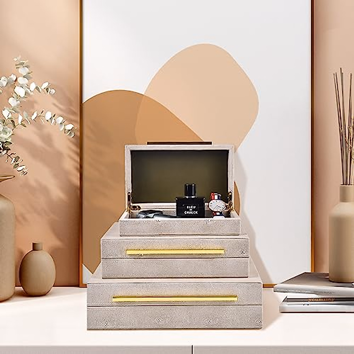 PETIARKIT Set of 3 Faux Leather Decorative Storage Boxes with Lids - Jewelry and Accessory Organizer for Women and Men, Countertop Home Decor (Beige)