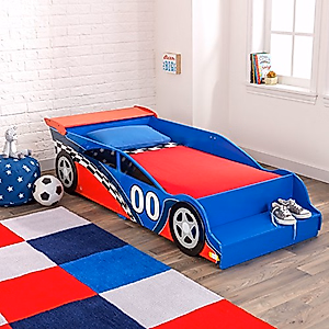 KidKraft Wooden Racecar Toddler Bed with Built-In Bench and Bed Rails - Red and Blue, Gift for Ages 15 mo+
