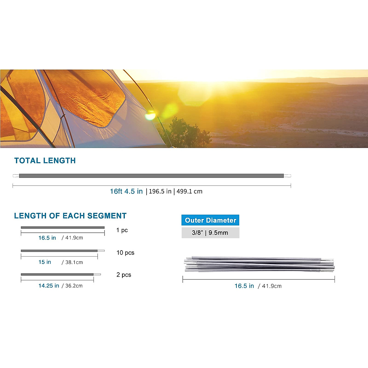Tent Poles, BRILLIANCE4U Grey Tent Poles Replacement, Pre-Assembled Aluminum Tent Poles 16ft 4.5 in, 7001 T6 Heated Lightweight Tent Rod Outer Dia. 3/8” 9.5mm, 196.5 in 1 Pole