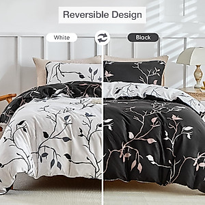 Lekesky Reversible Duvet Cover Queen Size, White Black Tree Branch Pattern Comforter Cover Queen 3pc Super Soft Microfiber Breathable Botanical Bedding Sets with Zipper Ties
