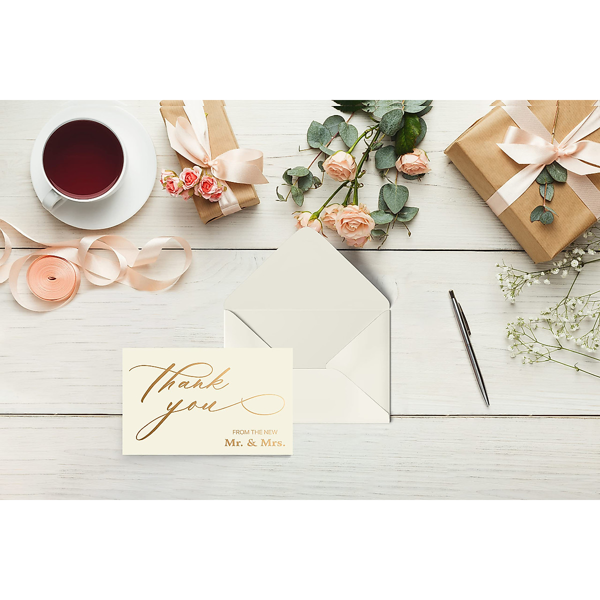 Better Office Products 50 Pack Wedding Thank You Cards in Metallic Gold with Envelopes, Thank You From The New Mr and Mrs, 4 x 6 Inch, Blank Cards, 50 Count Boxed Set