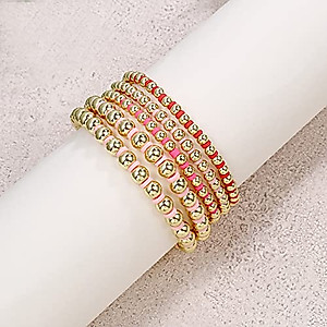 CONRAN KREMIX Gold Beaded Bracelets 14K Gold Plated Bead And Pink Heishi Clay Bead Stackable Stretch Bracelet Set Gold Jewelry For Women