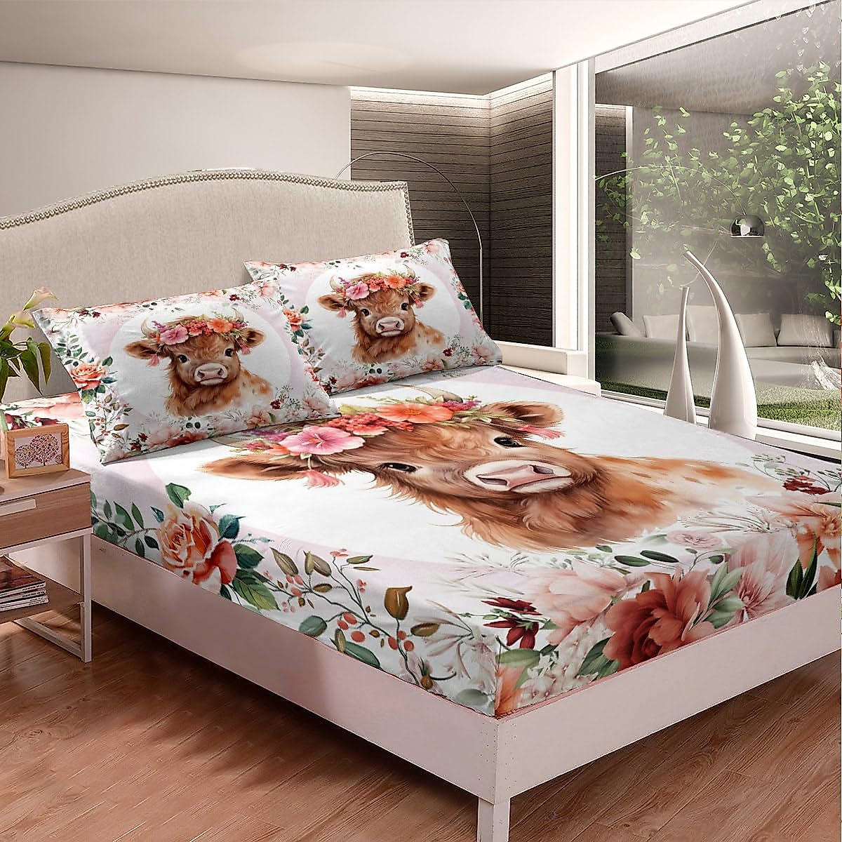 Feelyou Cute Highland Cow Sheet Set Twin Size Kids Cartoon Animal Sheets with Deep Pocket Fitted Sheet for Boys Girls Teens Flower Floral Print Bed Sheets Set Farm Zoo Garden Theme Bedding Set