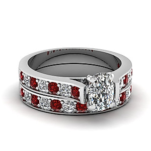CustomizedGifts Cathedral Pave Diamond Bridal Set 925 Sterling Silver Created Ruby Cushion Shape Red Color Wedding Ring Sets Pave Setting in Size 7 Party Wear Daily Wear Ornament