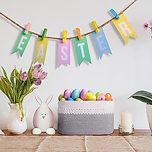 AROPEME Cotton Rope Basket | 15"x10"x9" Rectangle Woven Storage Basket for Toys Books Towels Shelves | Coiled Decorative Basket with Handle for Living Room Bathroom | Baby Nursery Bin, Grey