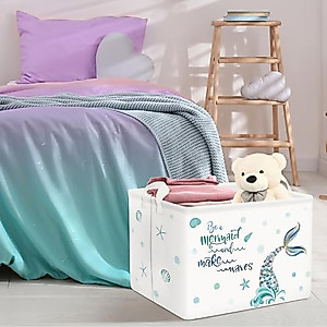 Clastyle Blue Mermaid Storage Basket for Girls Rectangle Starfish Shell Shelf Basket Clothes Books Toy Storage Cube, 36L