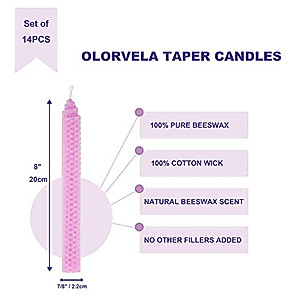 olorvela Taper Candles Handmade Beeswax Candles 14pcs, Hand-Rolled Candles Made of 100% Pure Beeswax, Natural Scent, Smokeless and Dripless Tapers(7 Pair, Light)