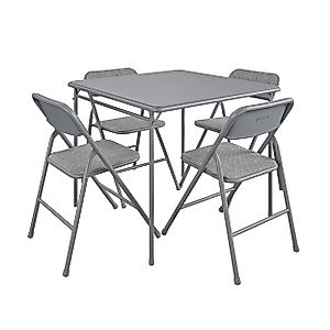 CoscoProducts COSCO Premium 5-Piece Dining Set, with 34" Vinyl Top Card Table and 4 Fabric Padded Seat & Back Folding Chairs, Gray