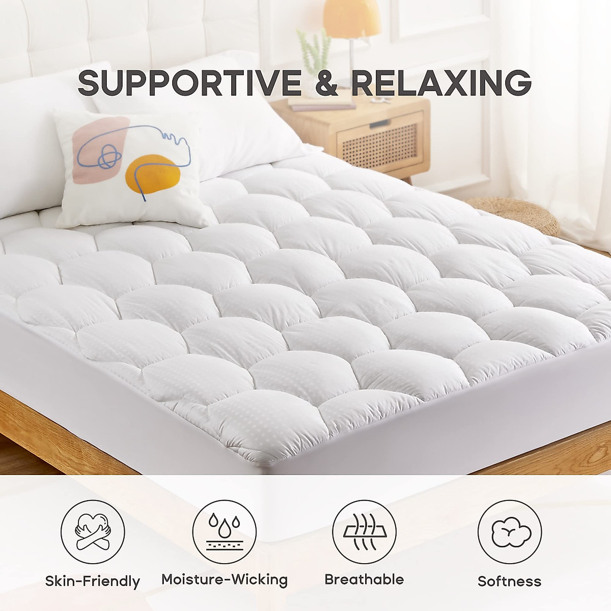 SONIVECotton Mattress Pad, Twin Bedding Cover Quilted Fitted Mattress Protector 8-21" Deep Poket, Breathable Cooling Down Alternative Fill Mattress Topper White,Twin Size