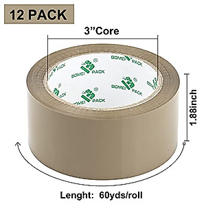 BOMEI PACK Brown Packing Tape Refills, Heavy Duty 12Rolls with 1 Dispenser for Packaging, Shipping and Moving, 2.4Mil 1.88 Inch x 60 Yard