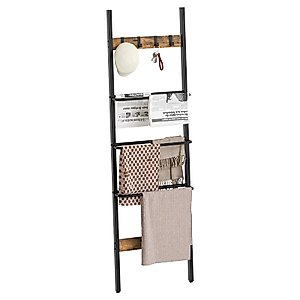 YATINEY Blanket Ladder, 5-Tier Towel Rack with 4 Removable Hooks, Wall-Leaning Blanket Holder, Decorative Display Ladder Shelf, Industrial, for Living Room, Rustic Brown and Black CJ01BR