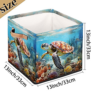 TropicalLife 13x13x13 Inch Ocean Beach Turtle Large Fabric Storage Cubes, Collapsible Cube Storage Bins Organizer Boxes Cube Baskets for Organizing Closet Shelves