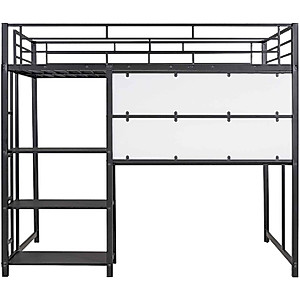 DNYN Full Size Loft Bed with Desk & Ladder for Kids Bedroom,Multifunctional Metal Bedframe w/Shelves & Whiteboard & Safety Rail Design,Space Saving & No Box Spring Needed, Black