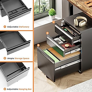 NEWBULIG 3 Drawer Metal Mobile File Cabinet Under Desk Storage with Lock and Wheels, Office Filling Box for Deposit Folder, Black