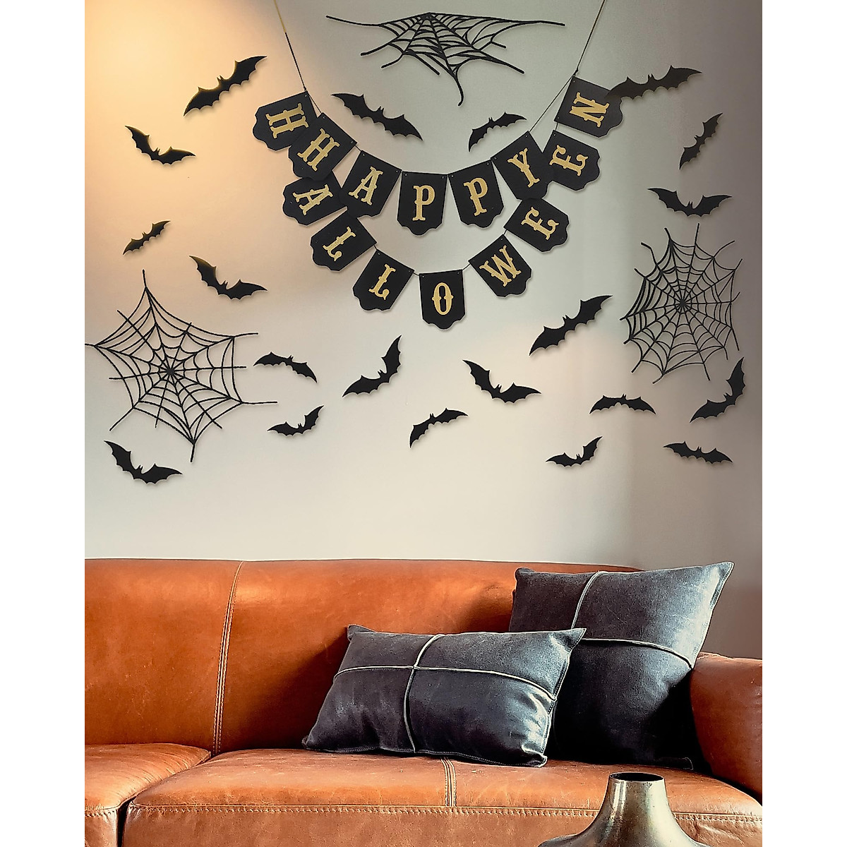 DN DECONATION Halloween Decorations Indoor Set, 24PCS Happy Halloween Banner Bundle, Halloween Garland Fireplace Mantel Decoration for Wall, Scary 3D Bat Spider Web for Spooky Party Home Office Decor