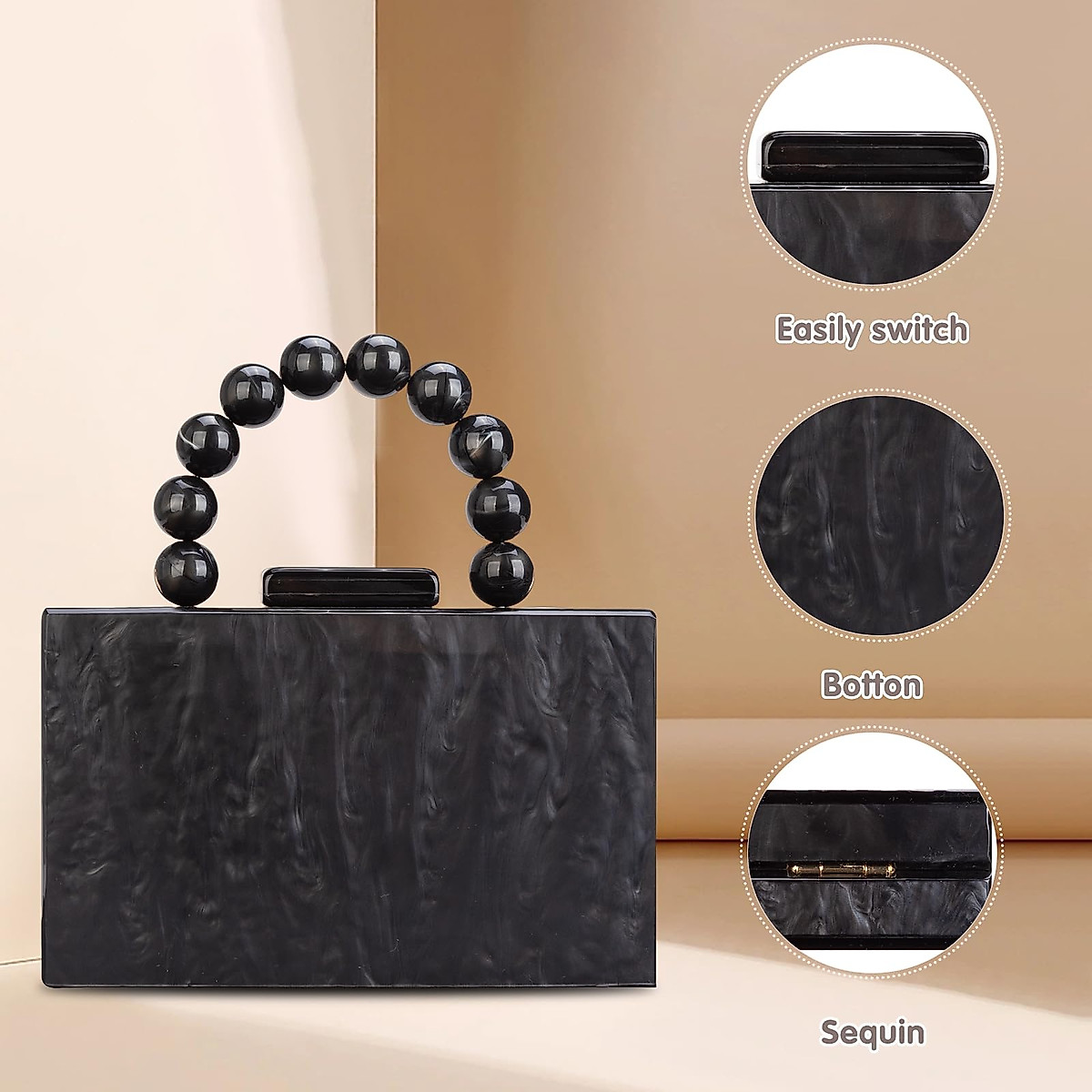 Acrylic Purses Evening Clutch Bag Marbling Handbags for Women Cross Body Bag with Pearl Chain Formal Wedding Prom Party(Black)