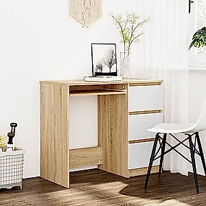 ULUYYUC Desk,Computer Desks Bedroom Desks Secretary Desk with Drawers Suitable for Home, Office, Bedroom, Conference Room, etc White and Sonoma Oak 35.4"x17.7"x29.9" Engineered Wood