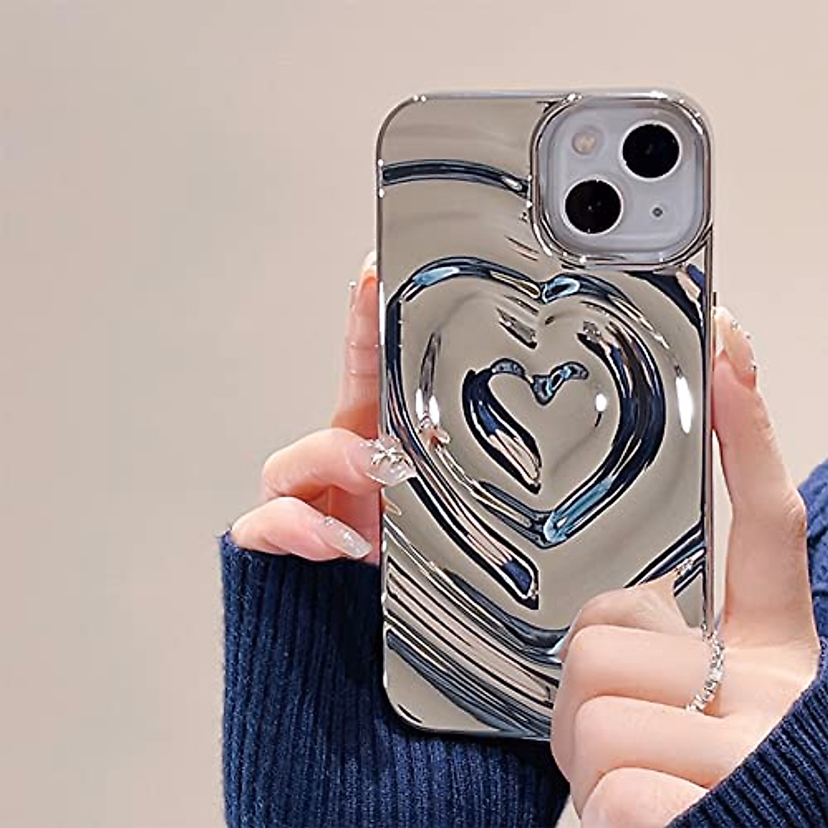 iPhone 14 Pro Max Love Heart Case, Fashion Cute Soft Silicone Electroplate Silver 3D Heart Water Ripple Bling Glitter Shockproof Women Girls Case Cover for iPhone 14 Pro Max