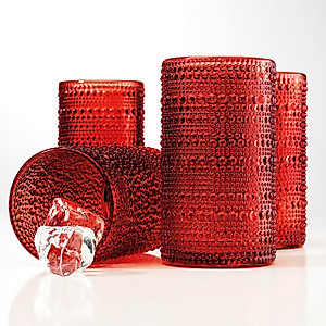 Glaver's Hobnail Drinking Glasses Set of 4 Red Vintage Glassware. 15 Oz. Everyday and Holiday Dinner Beaded Drinking Glasses for Water, Juice, Cocktail.